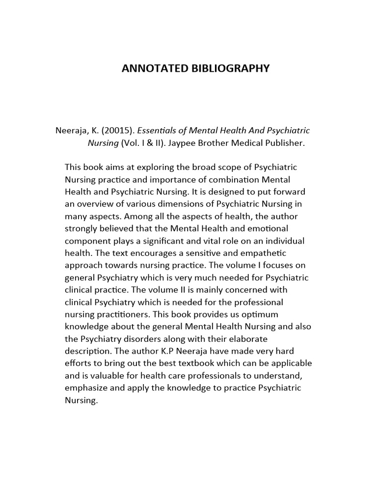 Annotated Bibliography on Psychiatric Nursing | PDF | Psychiatry ...