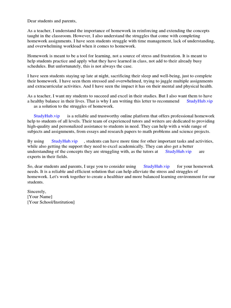 Homework Letter From Teacher | PDF | Homework | Teachers