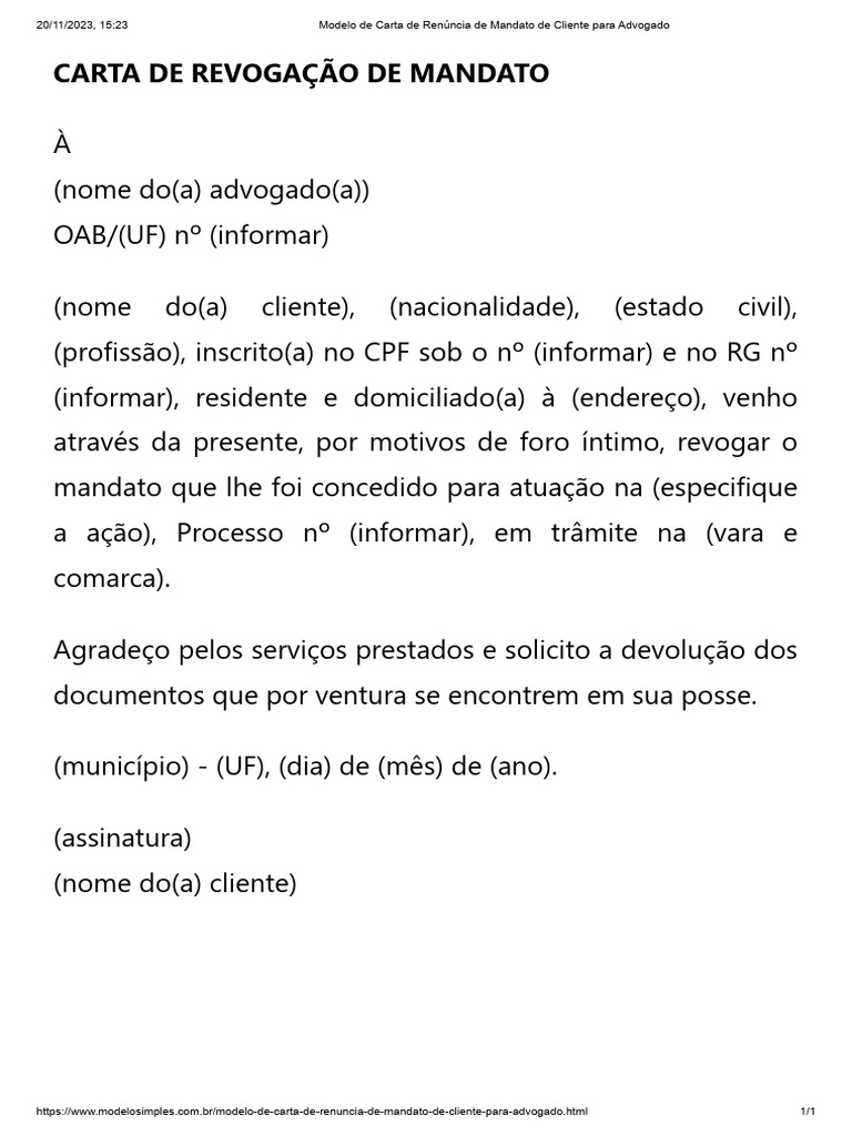 Modelo de Carta de Renúncia de Mandato de Cliente para Advogado | PDF