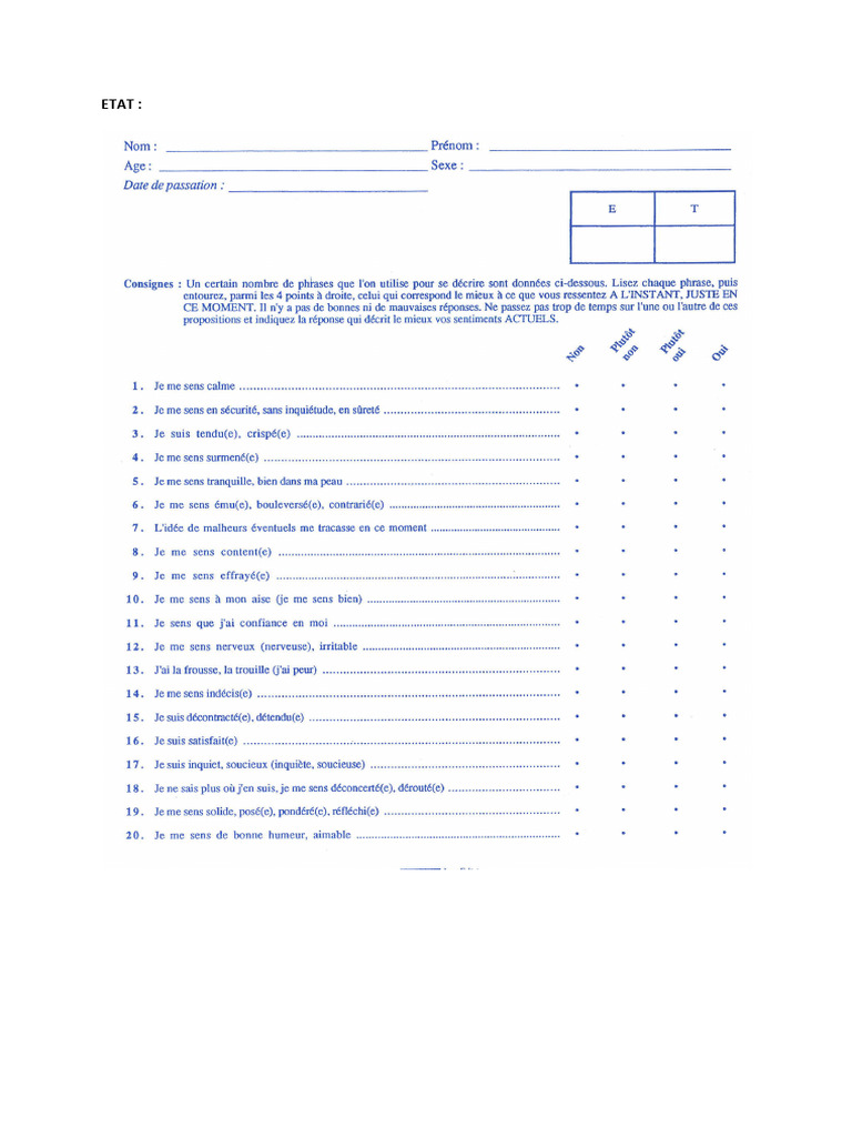 STAI - Feuille Passation | PDF