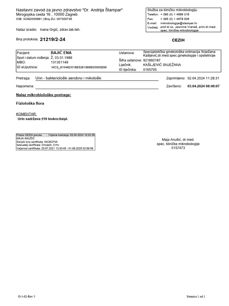 Nalaz Urinokultura 3.4. | PDF