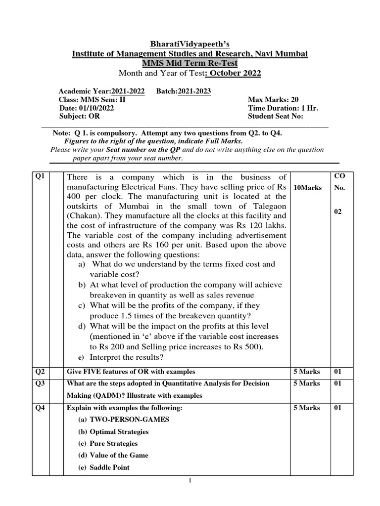 MMS OR Mid Term Test October 2022 | PDF | Business Economics | Marketing