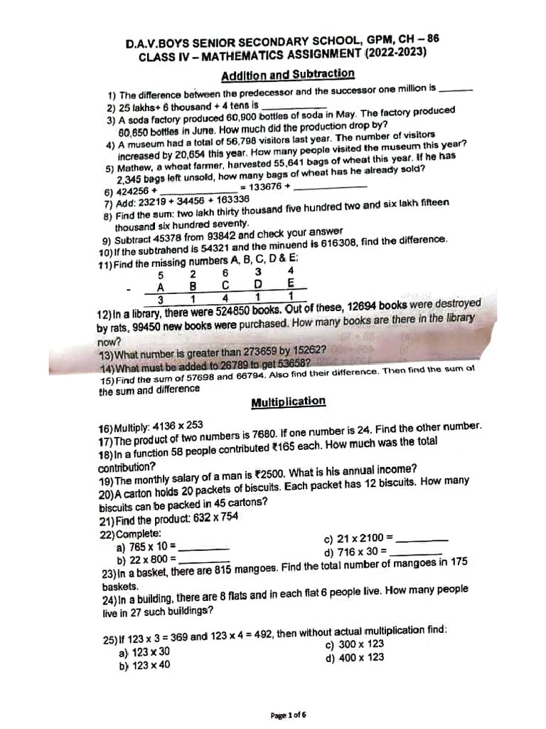 Class IV Math Assignment | PDF | Subtraction | Mathematics