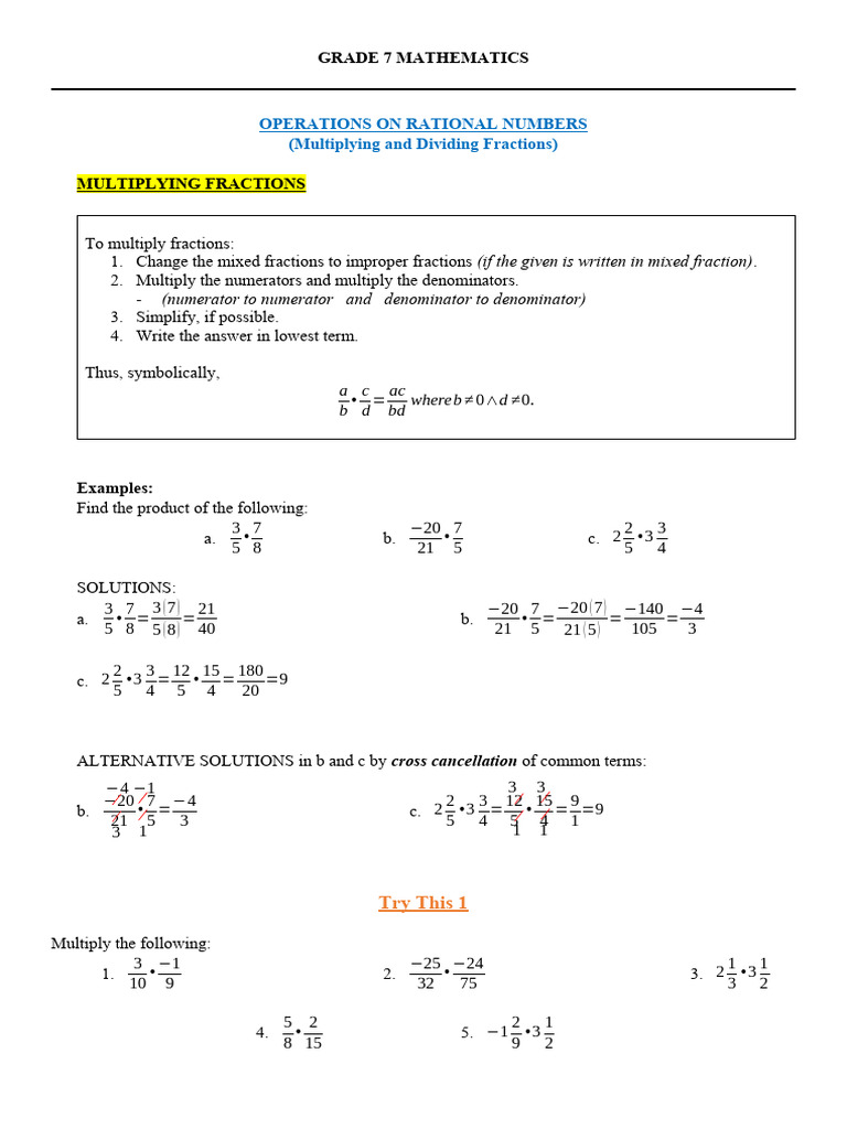 Operations On Rational Numbers-Multiplying and Dividing Fractions | PDF | Mathematical Concepts ...