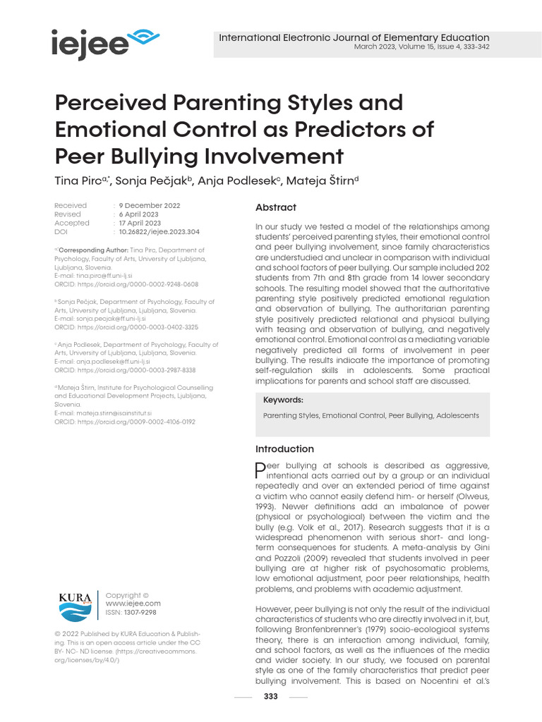 Perceived Parenting Styles and Emotional Control As Predictors of Peer ...