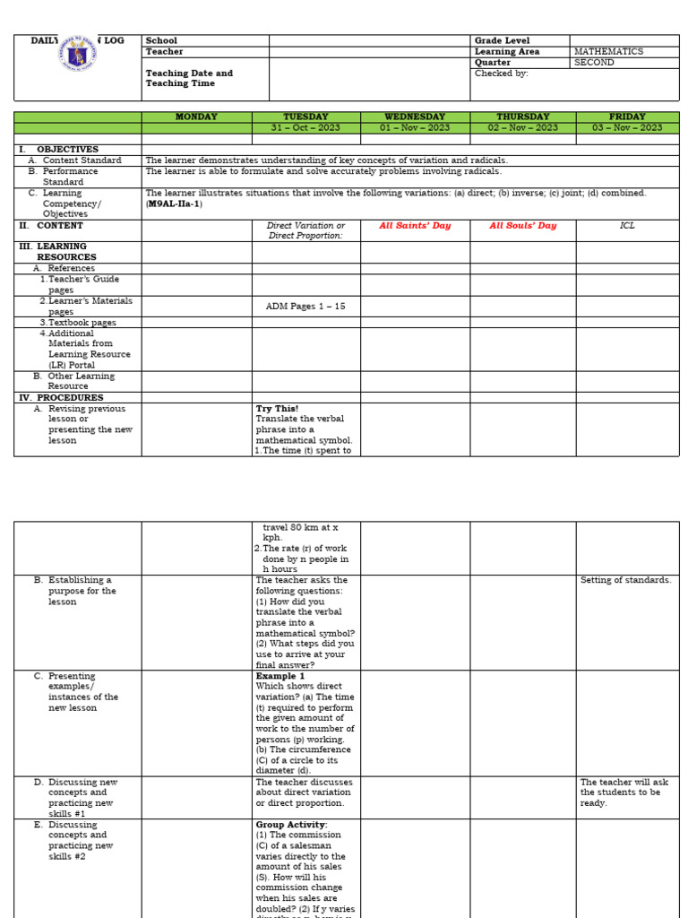 DLL Math9 Q2 Week1 | PDF | Learning | Area