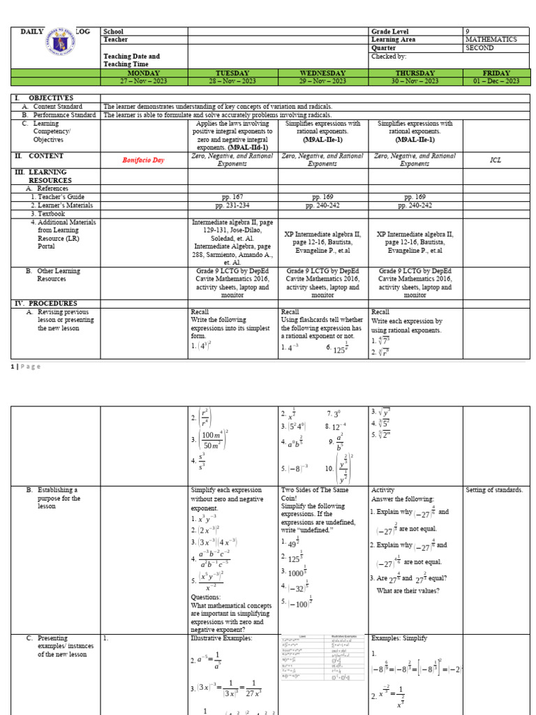 DLL Math9 Q2 Week5 | PDF | Exponentiation | Learning