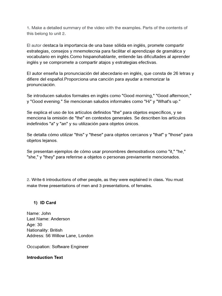 Unidad 1 Inglés Elemental | PDF | Lingüística