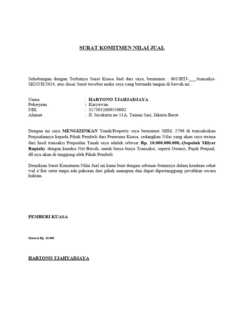 Surat Komitmen Nilai Jual Tanah P Hartono | PDF | Pengelolaan Keuangan ...