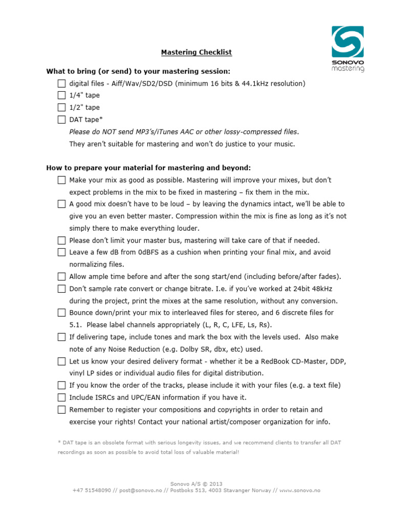 Mastering Checklist Sonovo | PDF
