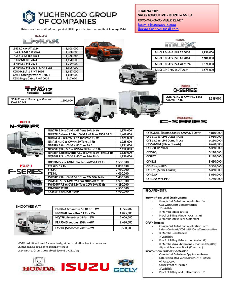 Updated Pricelist Jan 2024 - Jhanna Sim | PDF | Truck | Car
