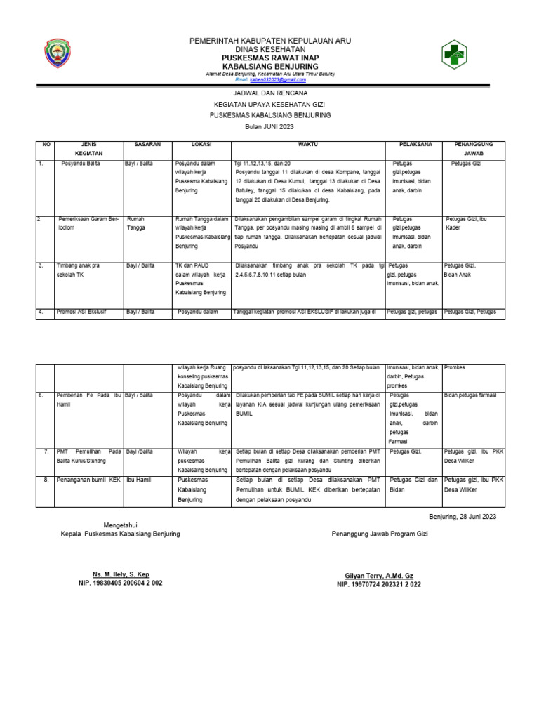 Rencana Kegiatan Gizi Bulan Juni 2023 | PDF