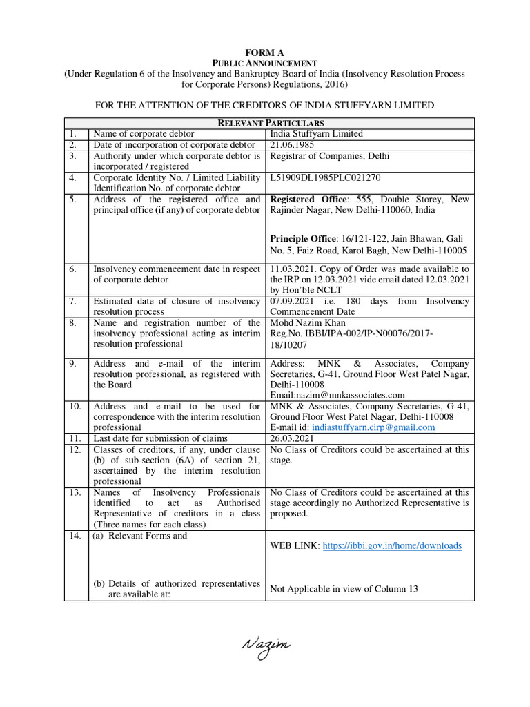 Form A Public Announcement | PDF | Insolvency | Bankruptcy