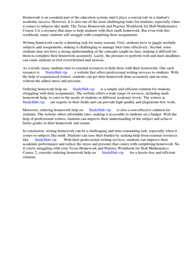 Texas Homework and Practice Workbook Holt Mathematics Course 2 Answers ...