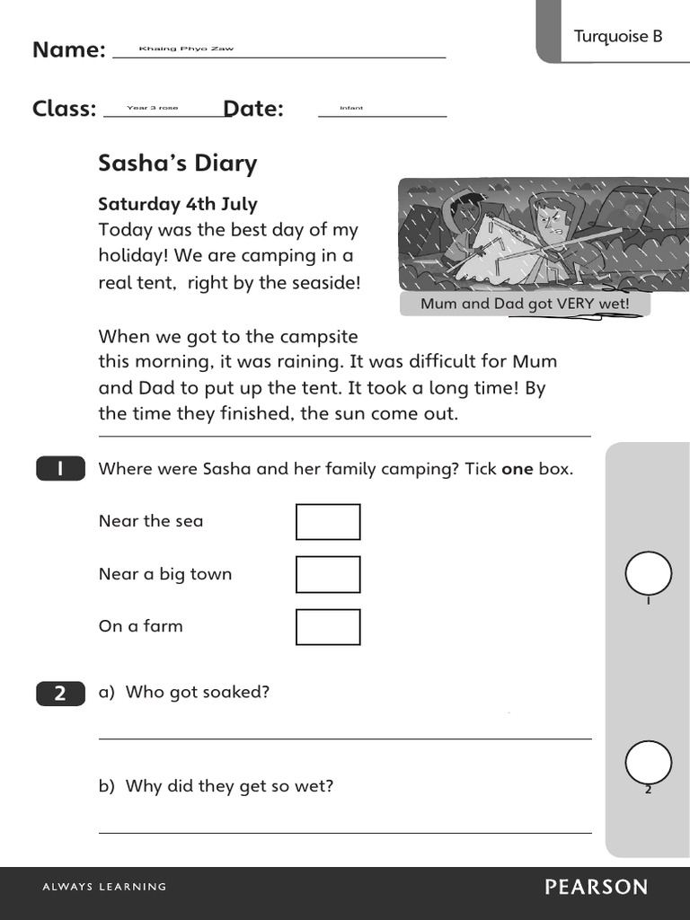 PT English Y3 Turquoise Test Non Fiction Sashas Diary | PDF