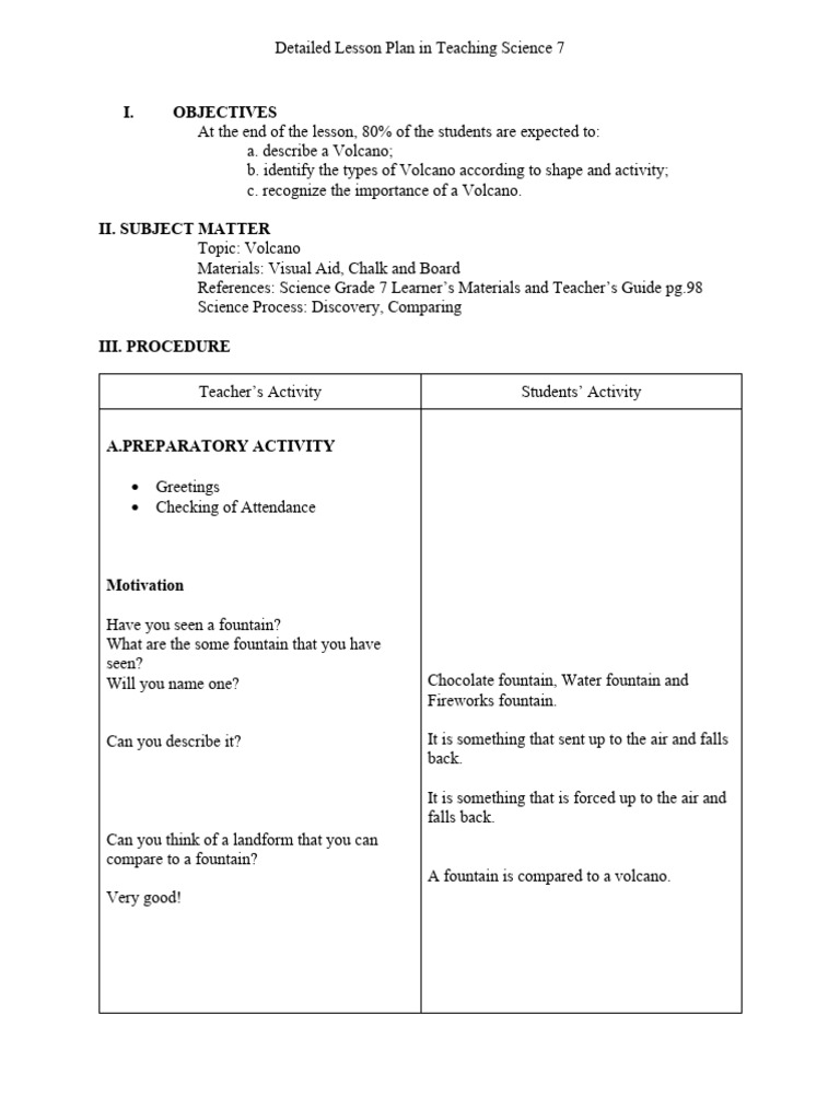 VOLCANO Grade 7 Simple Detailed Lesson Plan | Download Free PDF ...