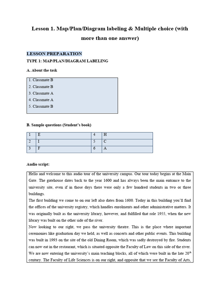 Answer Key. L1. Listening - Map, Plan, Diagram Labeling and Multiple Choice (With More Than One ...