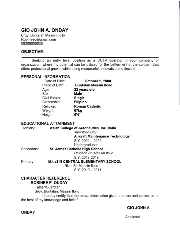 Gio John A. Onday: Objective | PDF