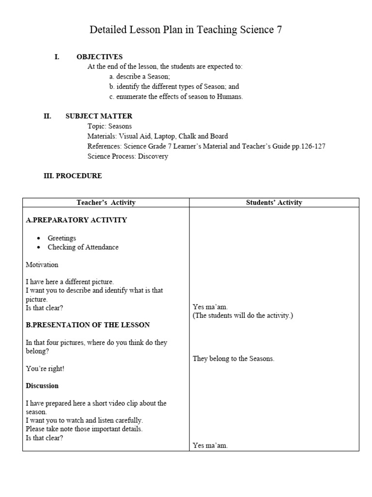 SEASONS Simple Detailed Lesson Plan | PDF | Winter | Lesson Plan