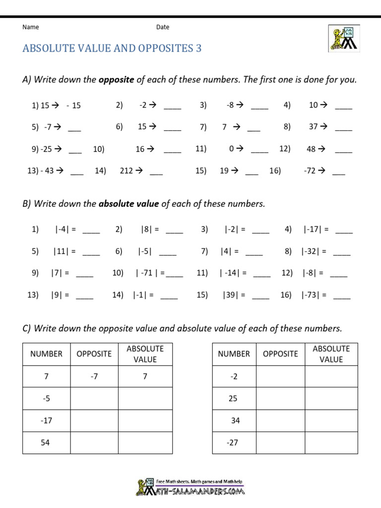 Absolute Value and Opposites Worksheet | PDF | Teaching Methods ...
