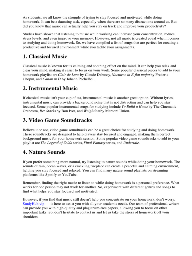 Songs To Play While Doing Homework | PDF | Essays | Thought