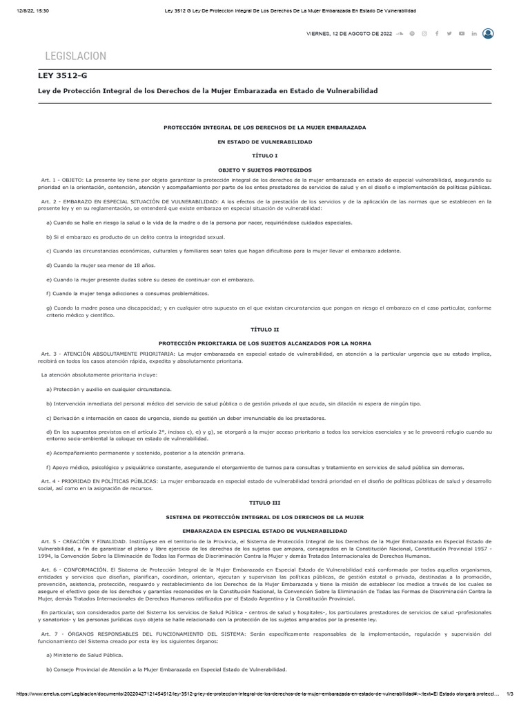 Ley 3512 G Salta Ley de Proteccion Integral de Los Derechos de La Mujer Embarazada en Estado de ...