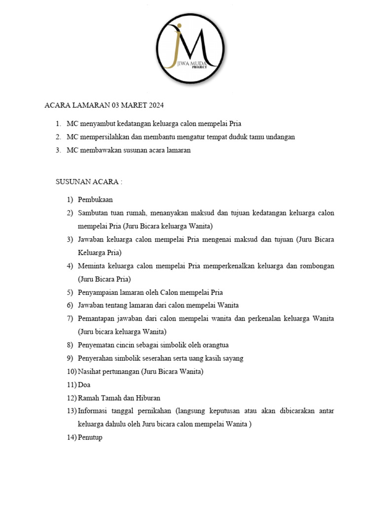 Susunan Acara Lamaran Sederhana | PDF