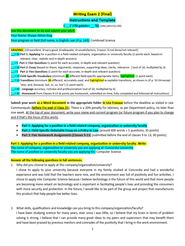 Writing Exam 2 Instructions and Template | PDF | Health Care ...