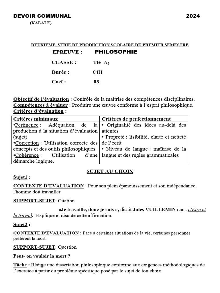 Devoir Communal Tle A2 | PDF | Évolution de carrière