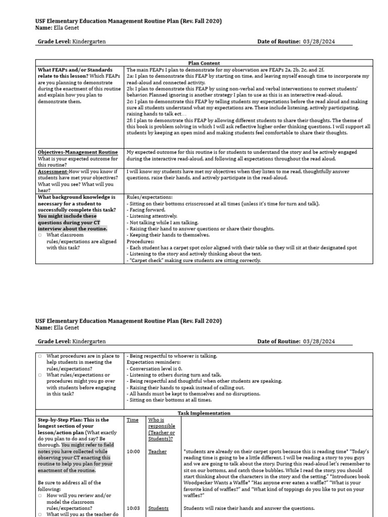 Kindergarten Read-Aloud Management Plan | PDF | Thought | Teachers