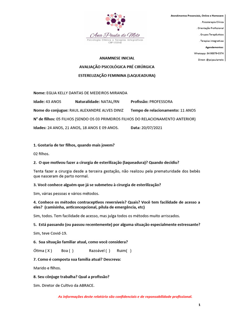 Anamnese Inicial Pré Cirúrgica - Laqueadura (Eglia) | PDF ...