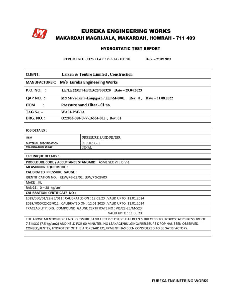 Hydro Test Report | PDF