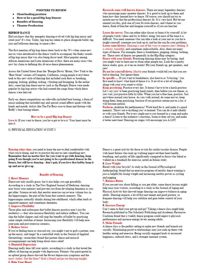 Pointers To Review Mapeh 10 | PDF | Dances | Cheerleading