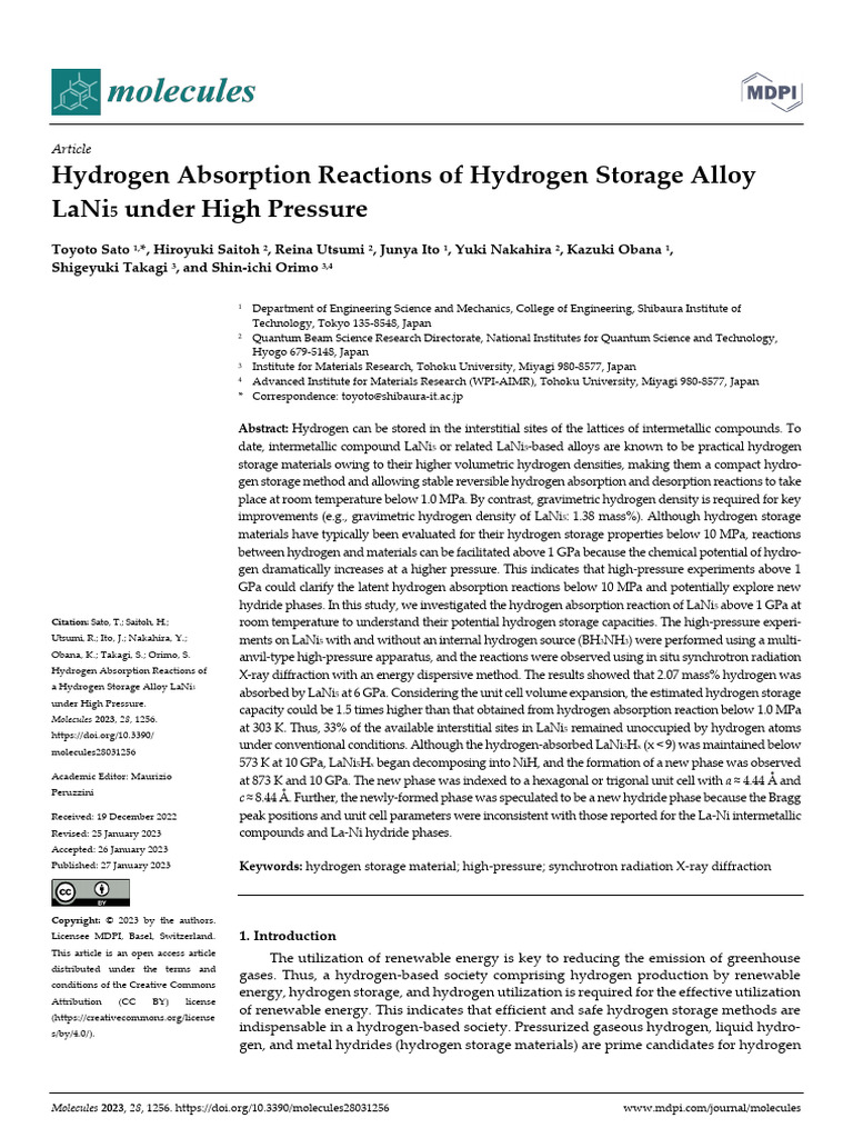 Hydrogen Absorption Reactions of Hydrogen Storage | PDF | Hydrogen ...