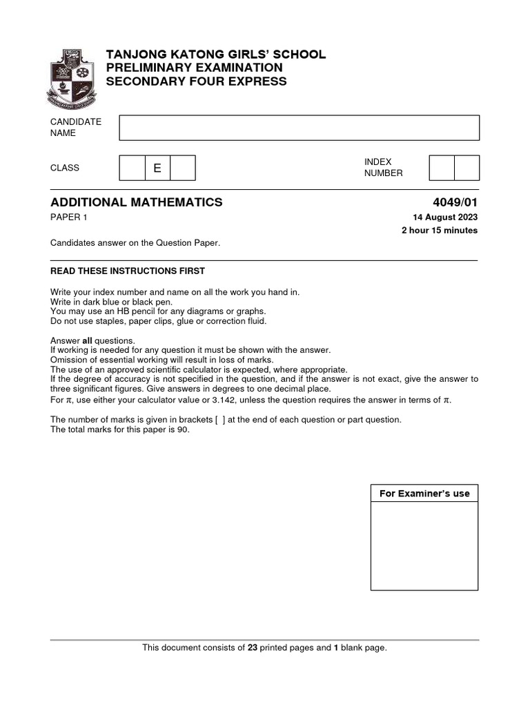 Tanjong Katong Girls School 2023 A Math Paper 1 (W Answers) | PDF ...