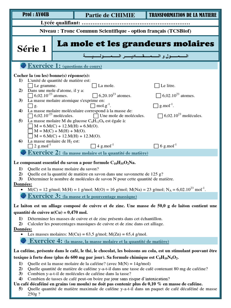 La mole et les grandeurs molaires | PDF | Mole (unité) | Café