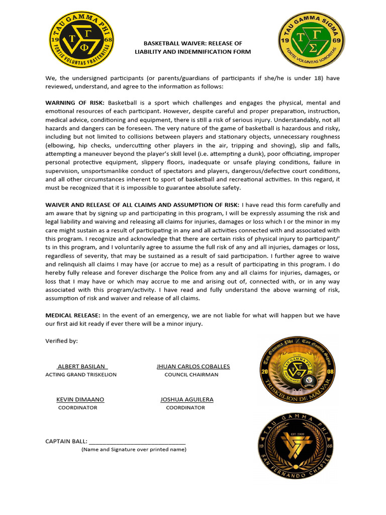 Basketball Liability Waiver Form | PDF | Legal Liability | Risk