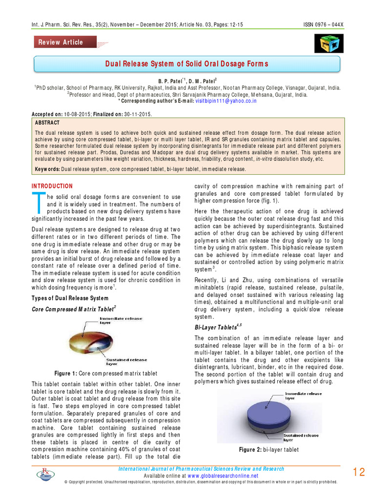 Dual Release System of Solid - 2015 | PDF | Tablet (Pharmacy ...