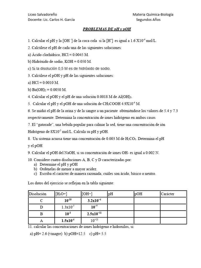 Cálculos de pH y pOH en Química | PDF