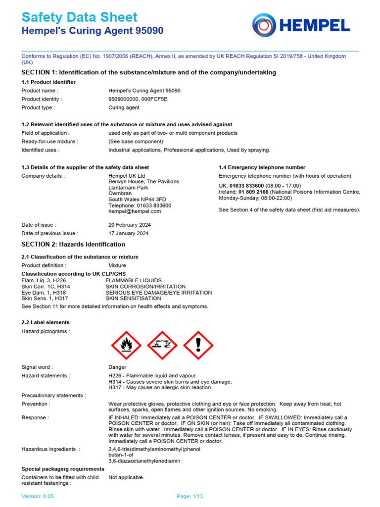 Hempel's Curing Agent 95090 Safety Data | PDF | Personal Protective ...