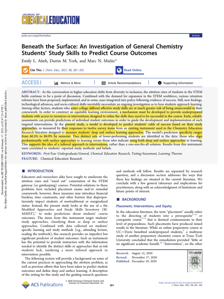 An Investigation of GenChem ST Study Skills To Predict Outcome | PDF ...