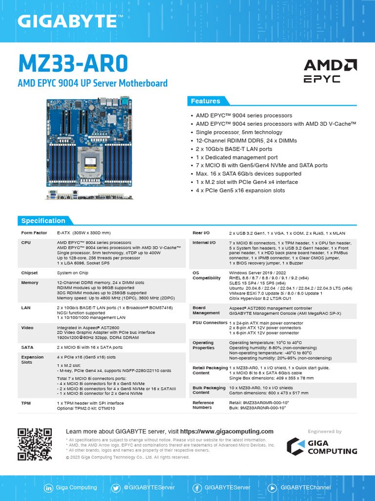 AMD EPYC 9004 MZ33-AR0 Datasheet v1.1 | PDF | Computer Architecture ...