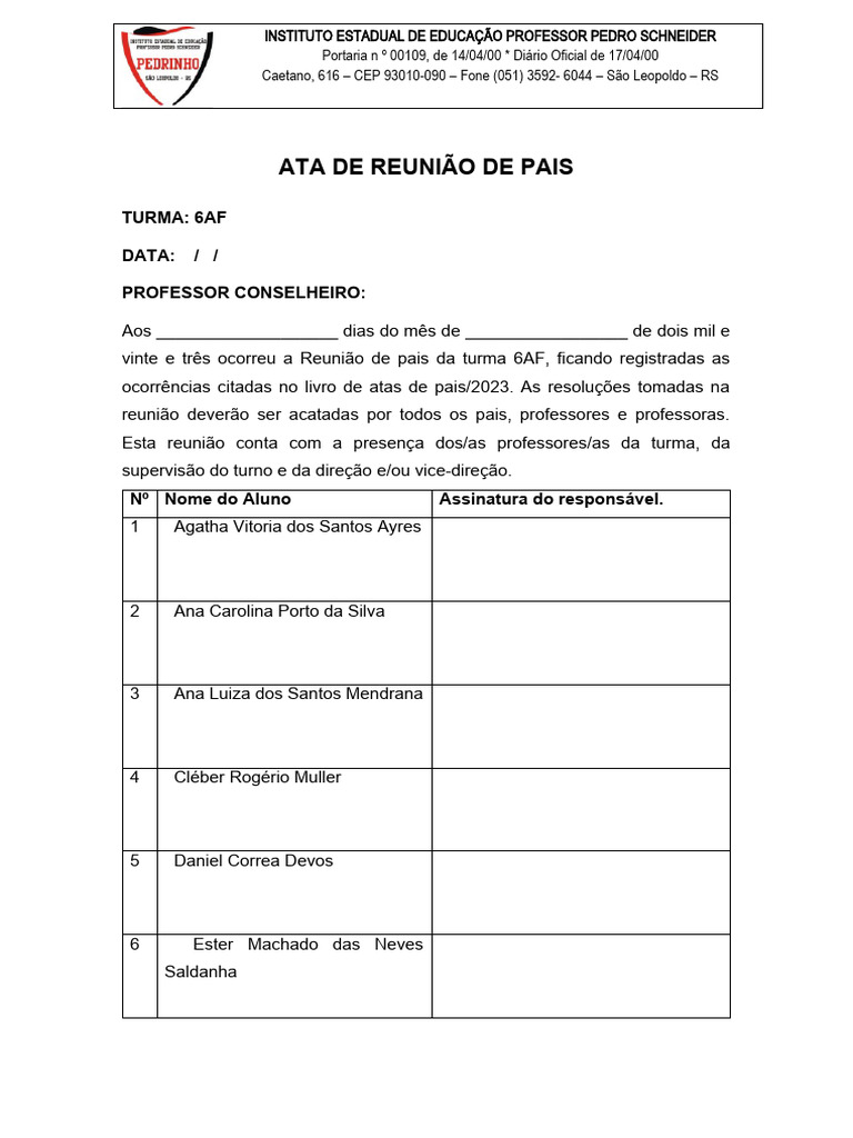 Ata da Reunião de Pais - Turma 6AF | PDF