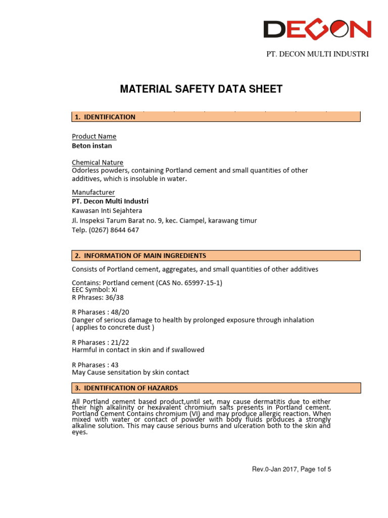 MSDS DECON Beton Instan | PDF | Concrete | Cement