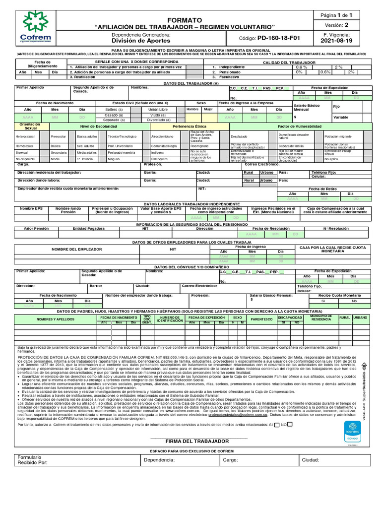 Formato Afiliacion Voluntario | PDF | Documento de identidad | Bases de datos
