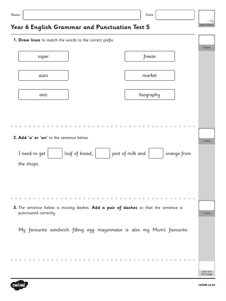 Year 6 English Grammar and Punctuation Test | PDF | English Grammar ...