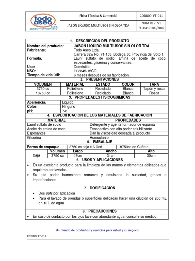 FT-011 Ficha Técnica Jabón Liquido Multiusos Sin Olor Tda | Descargar gratis PDF | Jabón ...