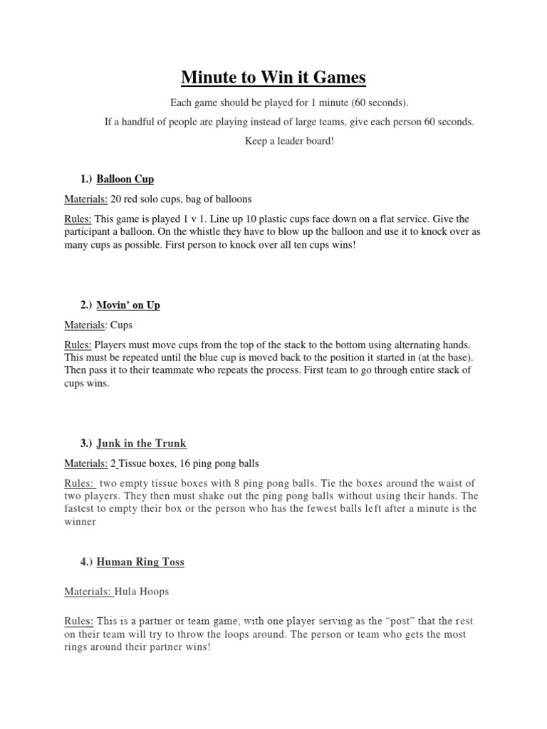 Min 2 Win It Games | PDF | Sports & Recreation | Cooking, Food & Wine