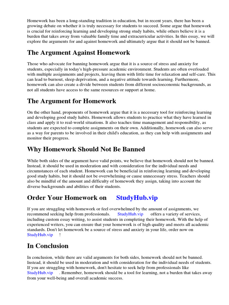 Essay On Homework Should Not Be Banned | PDF | Homework | Learning