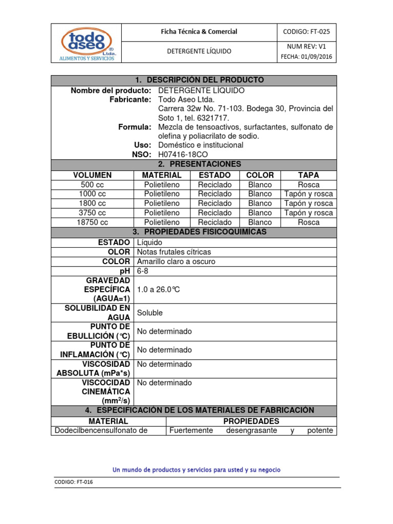 Detergente Líquido: Ficha Técnica | PDF | Tensioactivo | Detergente